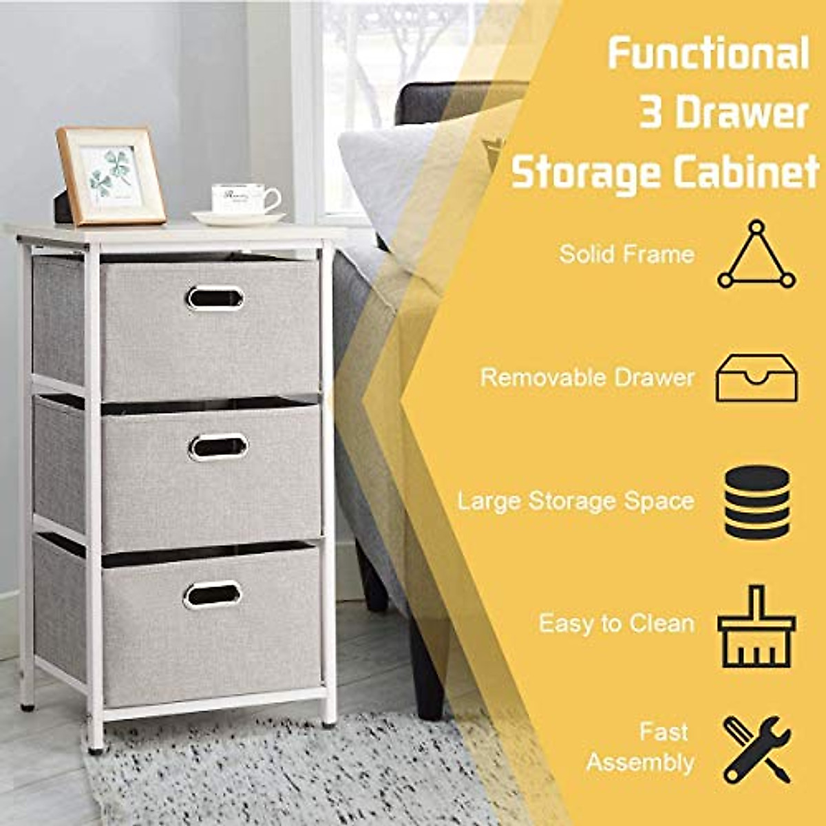 ARLIME Vertical Dresser Storage, 3-Drawer Fabric Dresser Storage Tower with MDF Top and Metal Frame, Easy Pull Storage Chest, Storage Drawer Unit for Bedroom, Hallway, Nursery Room (Grey)