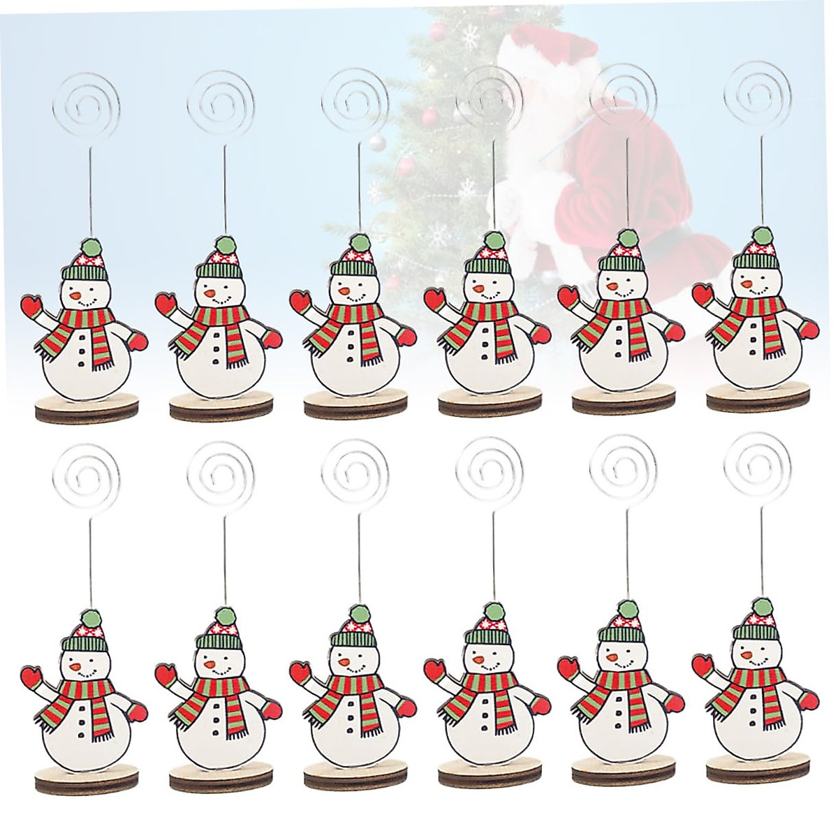 DOITOOL 12Pcs Christmas Place Card Holders, Christmas Wood Place Card Holders with Swirl Wire, Christmas Snowman Note Photos Stand for Xmas Party Wedding Party Decoration (Snowman)