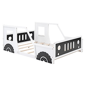Full Size Car Bed, Wood Floor Bed Frame with Headboard & Footboard and 4 Side Rails, Kids Racecar Bed for Boys Girls Teens, White