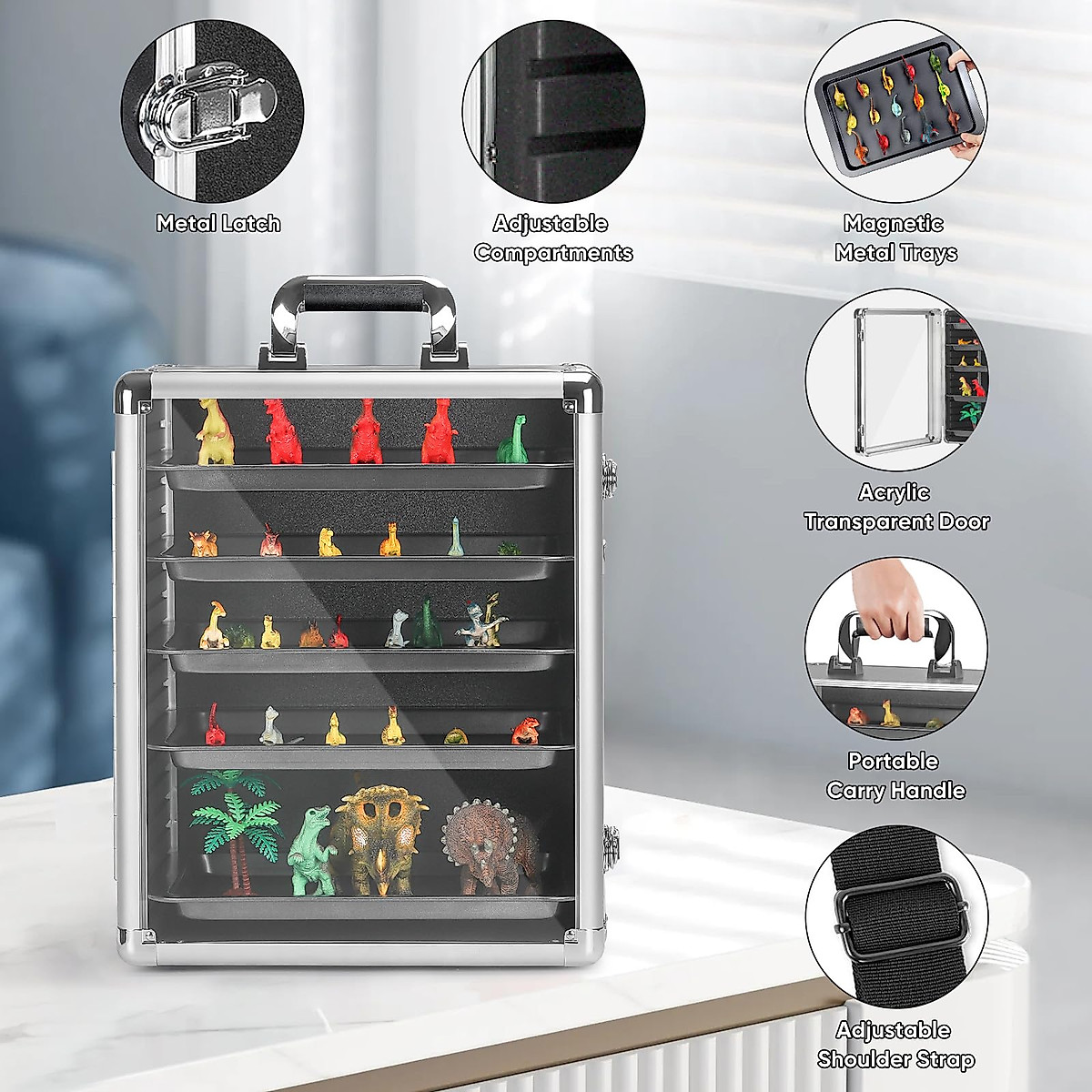 ONULISS Miniatures Storage Case with 5 Metal Trays Adjustable Shoulder Strap Miniature Display Case Transport Case with Clear Acrylic Security Door Gift for Miniature Lovers Collectibles.