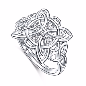 FLYOW 925 Sterling Silver Good Luck Irish Jewelry Celtic Quaternary Wiccan Witches Knot Ring for Women, Size 7