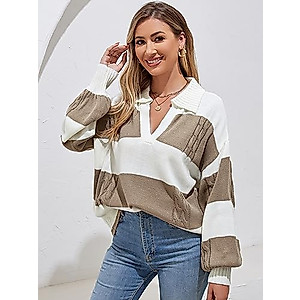 ZAFUL Women 2023 Striped V Neck Long Sleeve Sweater Fall Lapel Collar Ribbed Knit Loose Pullover Sweater Jumper Top Brown