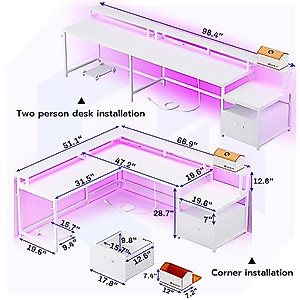 SEDETA L Shaped Gaming Desk, 66" Home Office Desk with File Drawer & Power Outlet, Gaming Desk with Led Lights, Corner Computer Desk with Monitor Shelf, Printer Storage Shelves, Two Person Desk, White