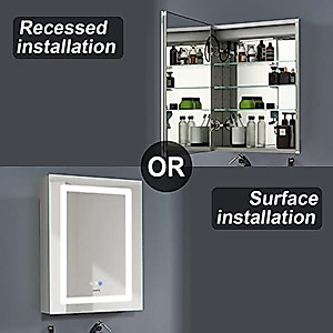 LADEED 26 x 20 Inch Led Medicine Cabinet Outlet, Lighted Medicine Cabinets for Bathroom with Mirror, Recessed or Surface Wall Mounted, Defogger, Dimmer, Glass Door Cabinet with Single Door