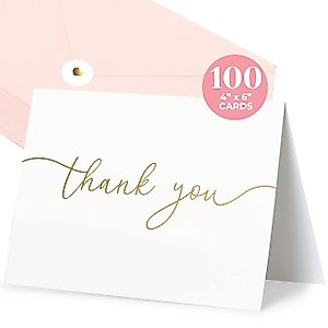 100 Heavyweight Blank Thank You Cards with Envelopes - Blank Cards and Envelopes - Thank You Cards Wedding with Envelopes Set - Gold Script Thank You Notes - Thank You Cards Bridal Shower (100 Pack)