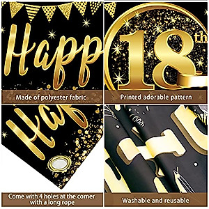 18th Birthday Banner Decorations for Men Girls, Black Gold Happy 18th Birthday Party Supplies, 18 Birthday Party Decor Sign