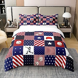 Castle Fairy Baseball Theme 100% Cotton Duvet Cover,Red Blue Geometric Stripe Check Breathable Comforter Cover,American Flag Stars Pattern Bedding Set 3 Pcs with Zipper Closure Queen Size