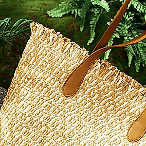 Straw tote beach shuolder handbag travel large tassels woven crossbody wicker boho Zipper lightweight shopping bags women (khaki)