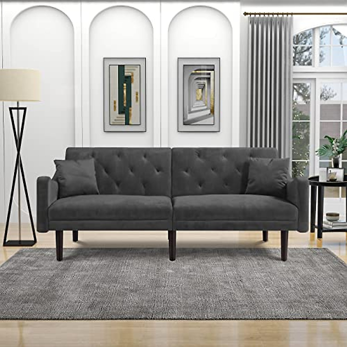 FULife 2-Seat 74.8" Modern Velvet Upholstered Futon Sofa Loveseat Convertible Sleeper Couch Bed Daybed, Folding Recliner with 2 Pillows for Living Room/Apartment/Office/Studio, Gray 72.8”W