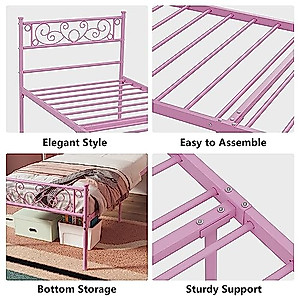 Elephance Twin Size Bed Frame with Headboard and Footboard, Metal Platform Bed Frame with 14 Inch Storage Space Mattress Foundation No Box Spring Needed for Girl Pink