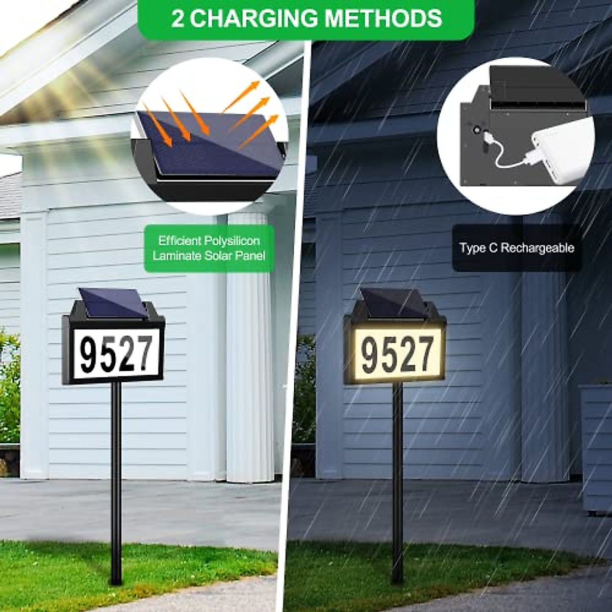 Modern Solar Address Sign, House Numbers for Outside Rechargeable LED Illuminated Lighted Address Signs with Waterproof Cover Mailbox Numbers Plaque 3 color temperature for Street Yard Garden Driveway
