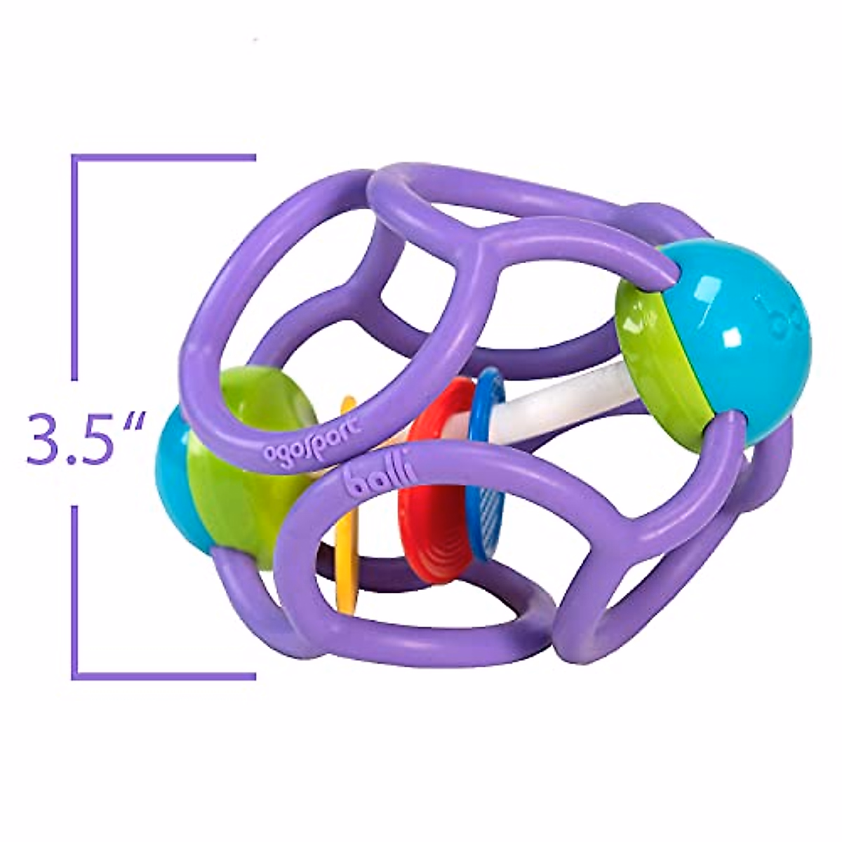 OgoBolli Rattle & Teether Toy for Babies - Tactile Sensory Ball - Stretchy, Soft Non-Toxic Silicone - Ages 6 Months and up - Purple