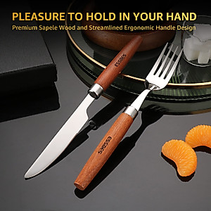 ESSBES 5-Pcs Wooden Handle Silverware Set - Stainless Steel Flatware Set with Fork, Spoon, Knife, Dessert Spoon, Chopsticks and Delicate Gift Box, Portable Cutlery Set For Home Kitchen Hotel & Gift
