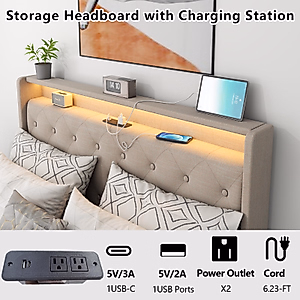 Loomie Full Lift Up Bed Frame with Charging Station & LED Lights, Upholstered Bed with Button Tufted Wingback Storage Headboard, Hydraulic Storage, No Box Spring Needed, Wood Slats Support,Beige