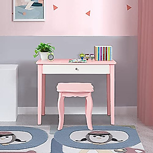 KOTEK Kids Vanity Set w/Tri-Folding Mirror, Princess Makeup Dressing Table w/Detachable Top & Drawer, 2-in-1 Vanity Table and Chair Set, Pretend Beauty Play Vanity for Girls (Pink)
