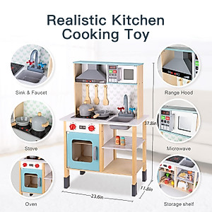 TOOKYLAND Play Kitchen Set for Toddler with Real Light & Sound, Removable Sink, Microwave, Range Hood, Stove, Oven for Kids Gift Age 3+