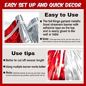 6 Pack 10 Feet Red and Silver Tinsel Foil Fringe Garland, Metallic Streamers Banner Wall Hanging Garland for Parade Floats, Graduation, Birthday, Baby Shower, Disco, Celebration Party Decoration