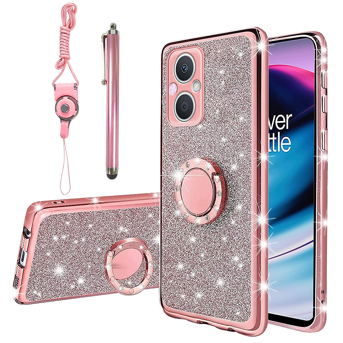 KuDiNi for N20 Phone Case, OnePlus Nord N20 5G Case for Women Cute Glitter Crystal Soft Clear Tpu Luxury Bling Protective Cover with Kickstand Strap for OnePlus Nord N20 5G (Glitter Rose)
