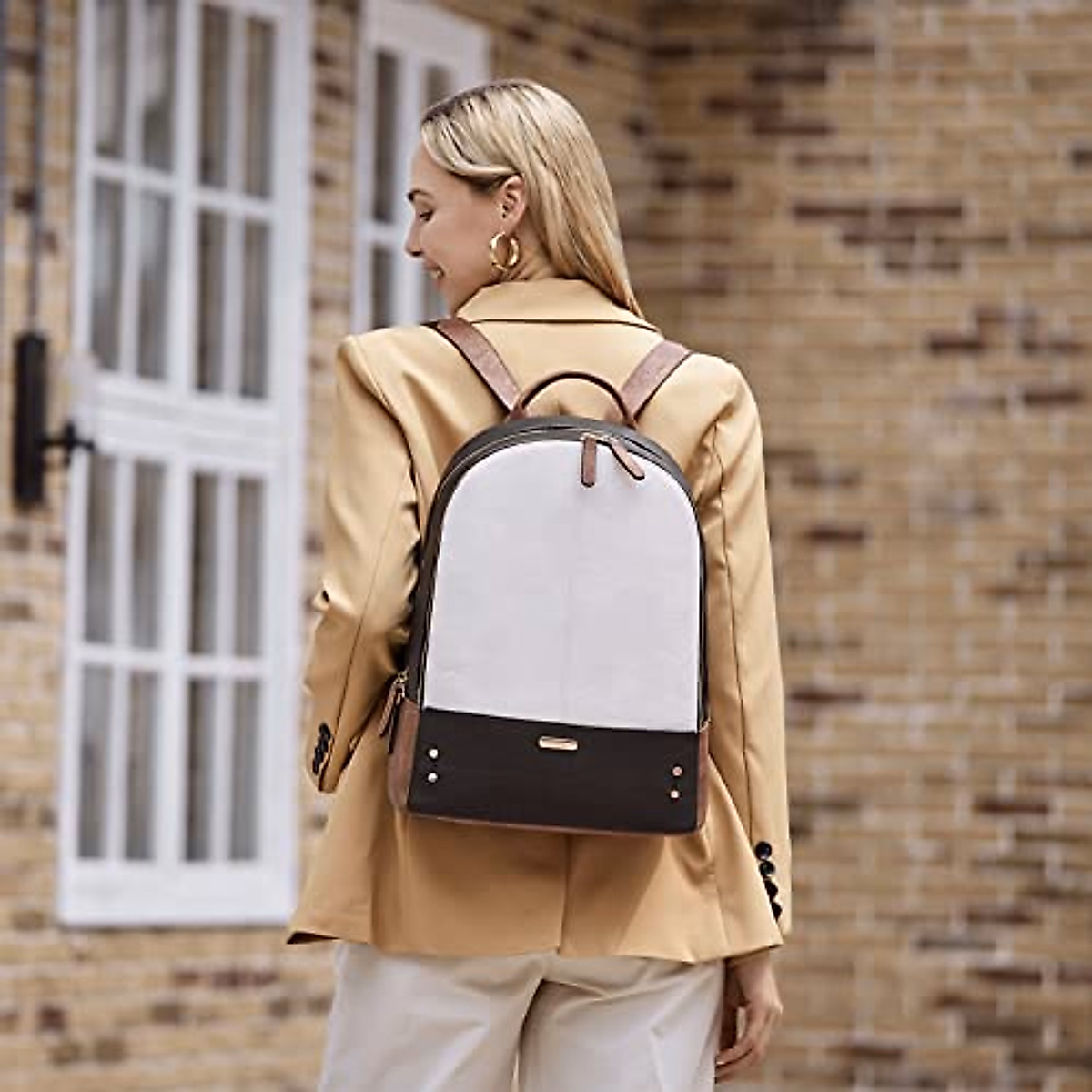CLUCI Laptop Backpack for Women Leather 15.6 inch Computer Backpack Travel Vintage Large Bag White Black with Brown