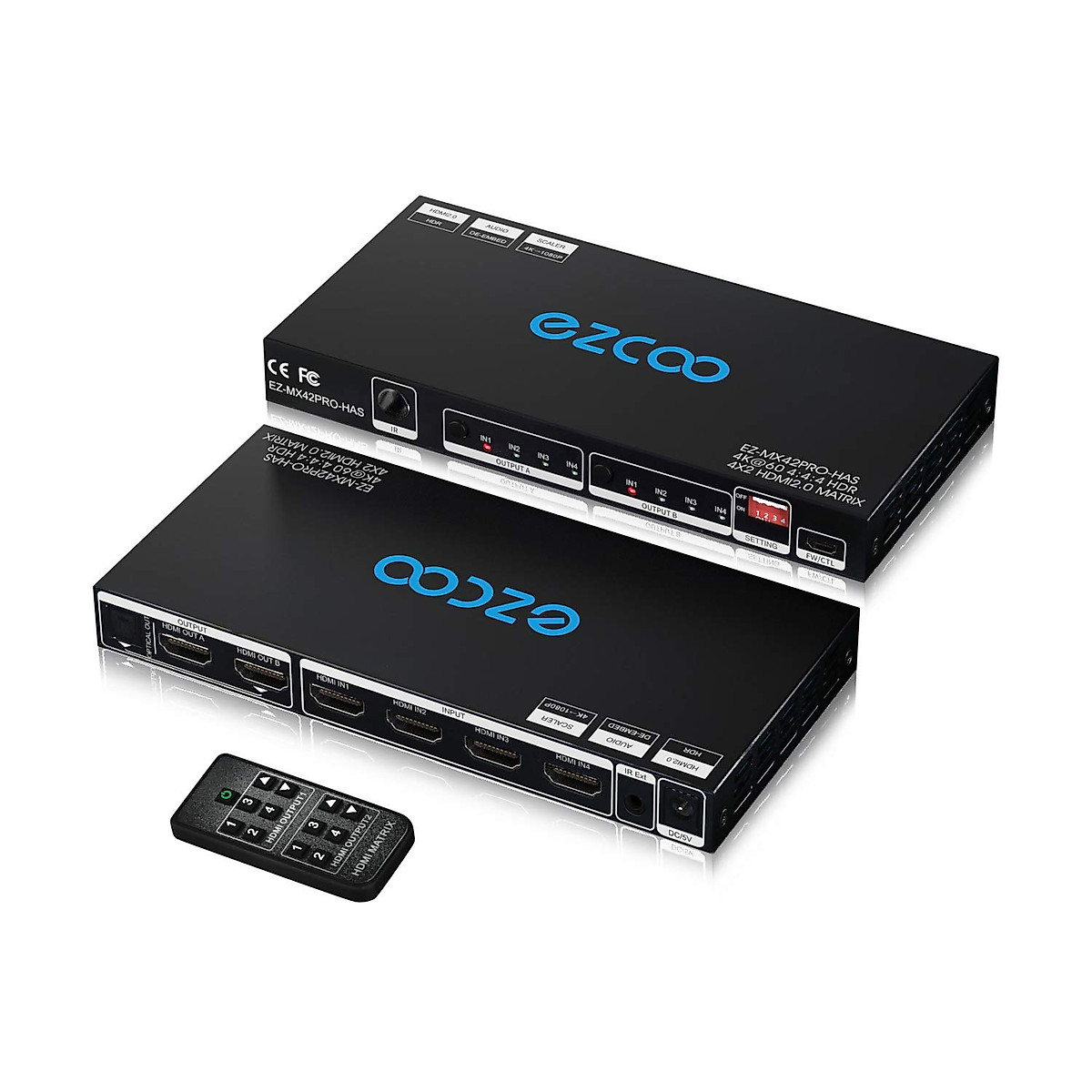 HDMI Matrix 4 in 2 Out 4K 60Hz 4:4:4 HDR 10 Atmos SPDIF 5.1CH Audio Extractor - 16 EDID Option, HDMI Scaler 4K 1080P Sync, Vision Atmos Sync,HDCP2.2 HDMI Matrix 4x2 IR Remote,IR Ext. MX42PRO