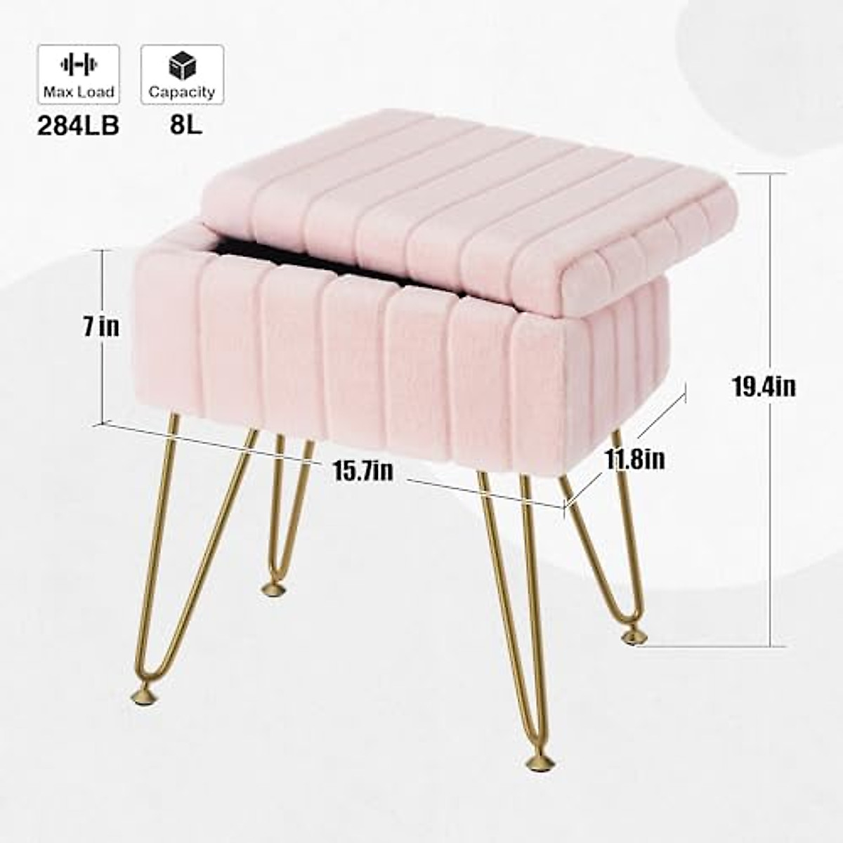 Greenstell Vanity Stool Chair Faux Fur with Storage, 15.7"L x 11.8"W x 19.4"H Soft Ottoman 4 Metal Legs with Anti-Slip Feet, Furry Padded Seat, Modern Multifunctional Chairs for Makeup, Bedroom Pink