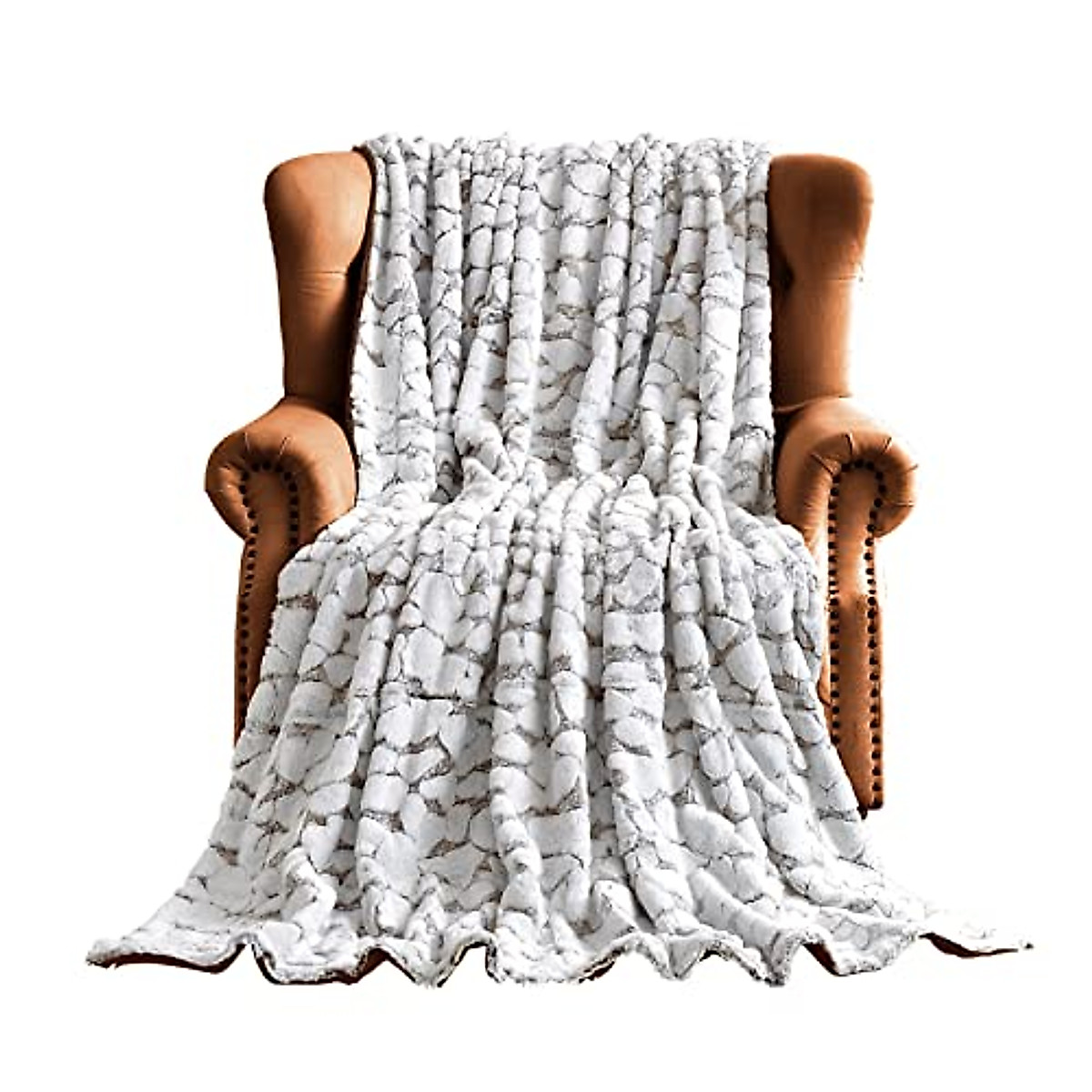 FY FIBER HOUSE Super Soft Rabbit Faux Fur Fleece Throw Blanket Thick Luxurious Faux Fur Plush Warm Fuzzy with Stone Pattern for Bed Sofa, 60"X80", Cappuccino