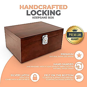 Blake & Lake Locking Wood Storage Box - Decorative box for Home or Office - Wooden Box with Hinged Lid Keepsake Box with Lock Oak Box for Home (Dark Oak)
