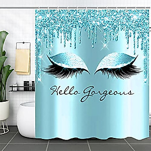 Bellcon 4Pcs Turquoise Hello Gorgeous Bathroom Sets with Rugs and Accessories for Women Lake Blue Bling Eyelash Shower Curtains Sets with Rugs Soft Bath Mat and Toilet Seat Cover