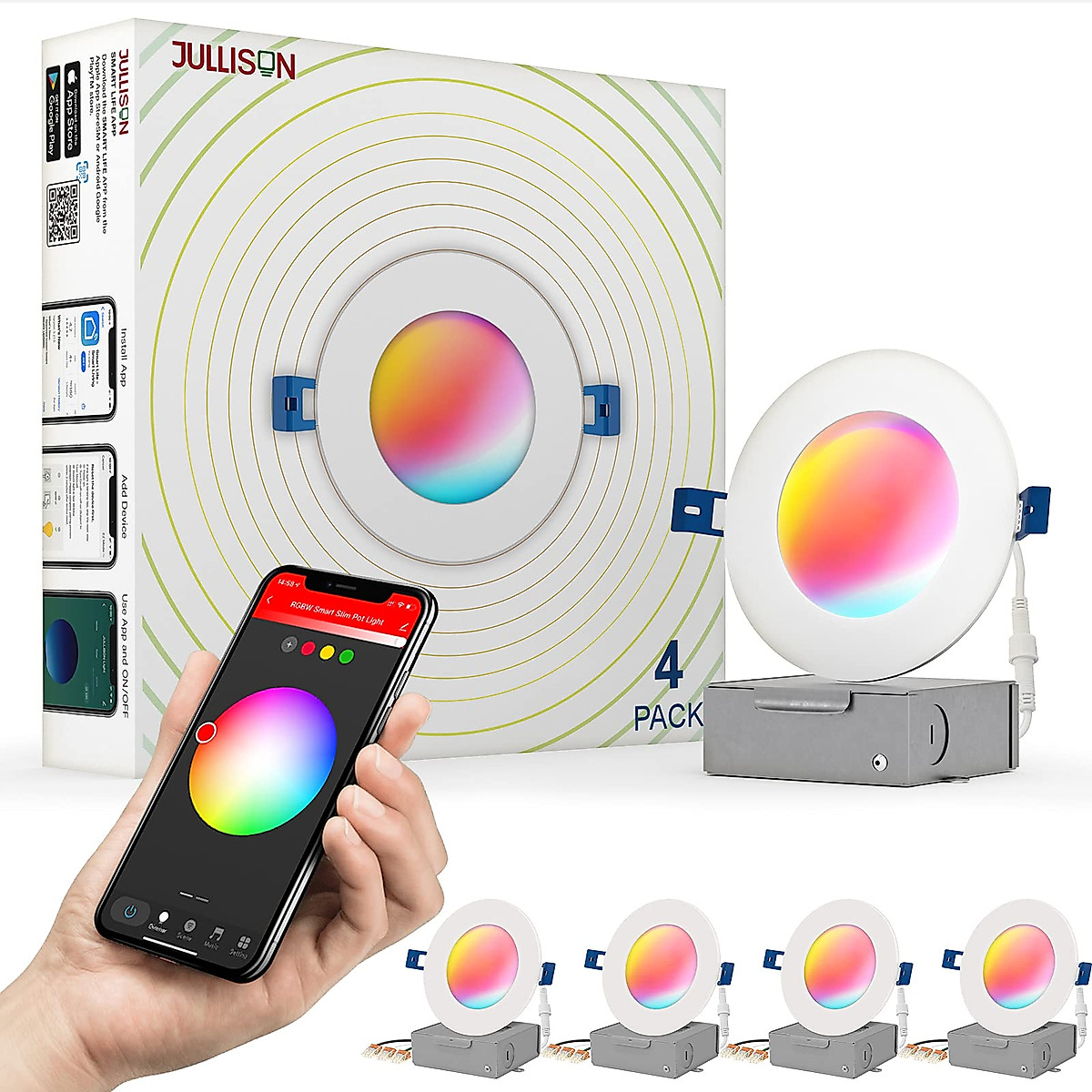 JULLISON 4" LED Smart Slim Recessed Pot Light, WiFi APP & Voice Control, 120VAC, 9W, 600LM, RGB + 2700K-6000K, ETL & FCC & IC Rated, Wet Location, Compatible with Alexa/Google Home, White - 4 Packs