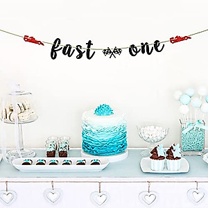 Aonbon Black Glitter Fast One Banner, Race Car Themed Banner, Baby Boy's 1st Birthday Decoration, Chequered Flag Themed Party Supplies