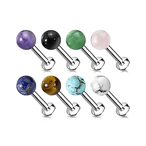 Covet Jewelry Natural Stone Internally Threaded 316L Surgical Steel Flat Back Studs for Labret, Monroe, Cartilage and More (16GA, L: 1/4" (6mm), Ball: 4mm, Howlite)