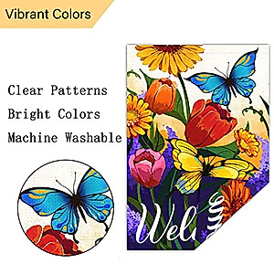Louise Maelys Welcome Spring Floral Garden Flag 12x18 Double Sided, Burlap Small Vertical Spring Summer Butterfly Garden Yard Flags for Seasonal Outside Outdoor House Decoration (ONLY FLAG)
