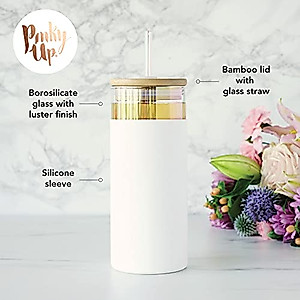 Pinky Up Katherine Glass Tumbler Travel Mug, Reusable Glass with Silicone Sleeve, Bamboo Lid, and Glass Straw, 24 Ounces, Set of 1, White