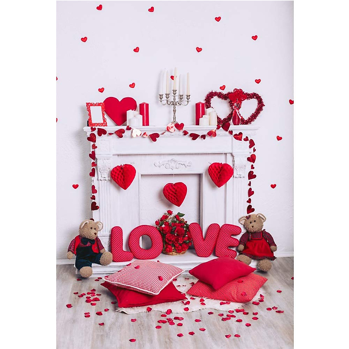 Valentines Backdrop 5x7ft Fabric Rustic Fireplace Backdrop Flowers Happy Valentine Backdrop Kids Valentine Pictures Backdrop Valentines Party Decoration Background Valentine Video Backdrop