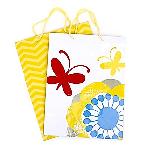 Hallmark 12" Large Gift Bags (Pack of 2: Yellow Chevrons and Flowers with Butterflies) for Birthdays, Baby Showers, Easter, Mothers Day or Any Occasion