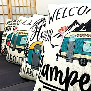 OCCdesign Set of 4 Camper Decor Rv Travel Trailer Decoration for Inside Camping Pillow Cover for Bedding Sofa Couch (Welcome to Our Camper)