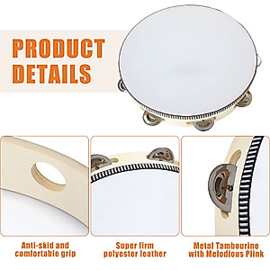 3 PCS Tambourine for Adults, Wooden Tambourine 6 Inch 7 Inch 10 Inch Hand Held Drum Bell Birch Metal Jingles Percussion Gift Musical Educational Instrument for Church, KTV Party