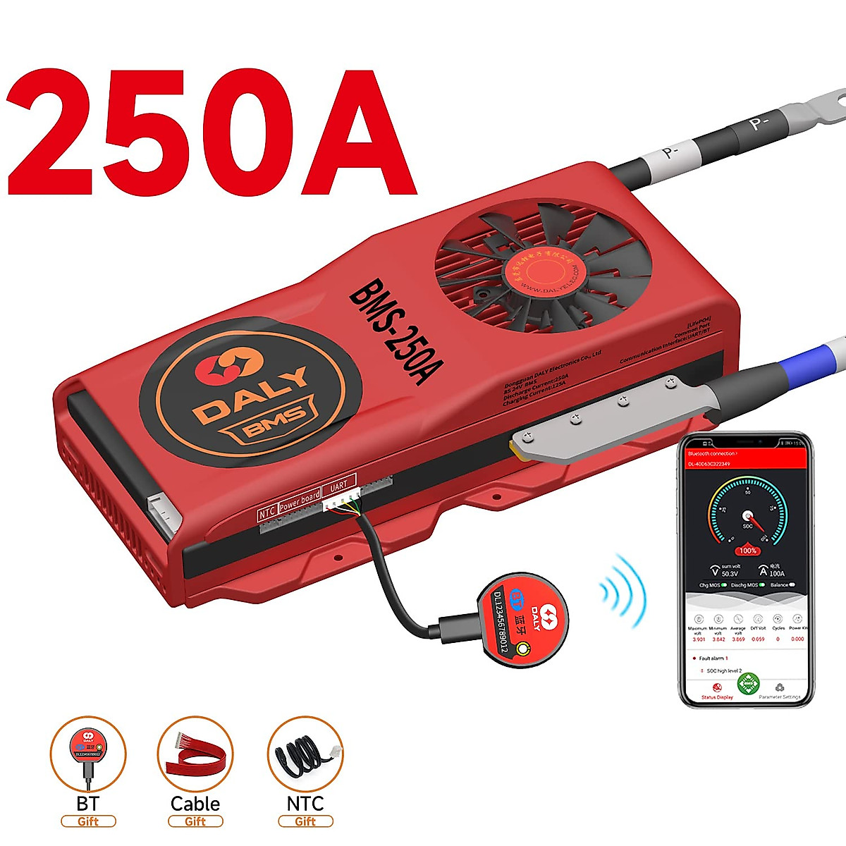 DALY Smart BMS LiFePo4 24V 250A 8S with UART Communictaion Bluetooth BMS for Rated 3.2V Lithium Battery Power Bank Protection,Off Grid Application, Solar System(Smart BMS,250A Fan)