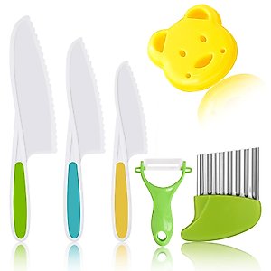 Montessori Kitchen Tools for Toddlers, Kids Knife Set for Real Cooking,Serrated Edges Plastic Knives,Peeler, Crinkle Cutter,Toddler Chef Knife Set(6 Pcs)