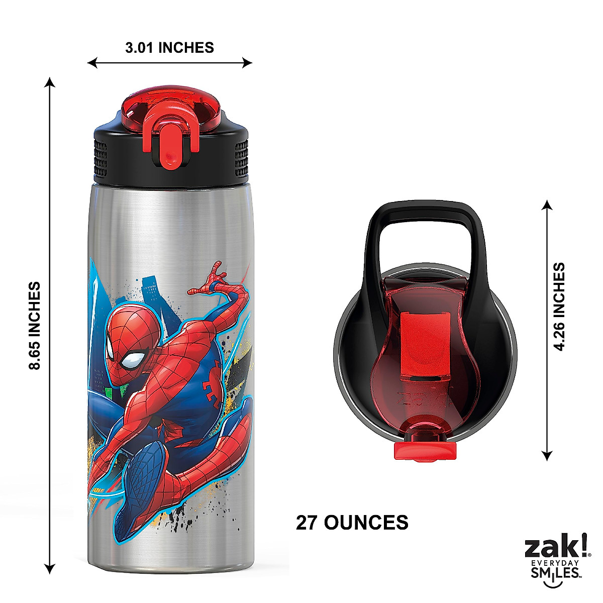 Zak Designs 27oz Marvel 18/8 Single Wall Stainless Steel Water Bottle with Flip-up Straw and Locking Spout Cover, Durable Cup for Sports or Travel (27oz, Spider-Man)