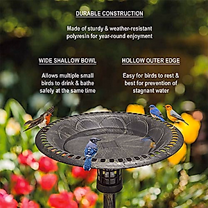 Westcharm 34 Inch Solar Powered LED Lighted Birdbath for Outdoors Yard Outside Outdoor Garden Decoration Pedestal Base Stand - Antique Brushed Bronze Polyresin Solar Bird Bath