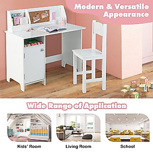 Costzon Kids Desk and Chair Set, Wooden Children Study Table with Storage, Hutch, Cork Bulletin Board, Whiteboard & Marker, Student Computer Workstation Writing Desk for Kids Bedroom, School, White