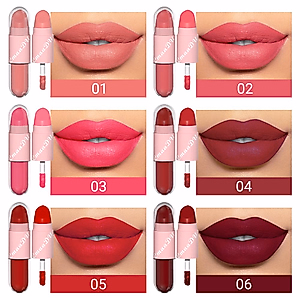 evpct 2 In 1 Matte Lipstick & Liquid Lipstick 6Pcs Set for Women, Dark Ruby Red Nude Beige Hot Pink Mauve Matte Vegan Long Wear Pink Lipstick Waterproof Long Lasting 24 Hour Lipstick Lip Gloss Stain