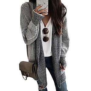 Sidefeel Womens Cardigan Plaid Open Front Chunky Knit Oversized Long Cardigan Sweaters Winter Coats Gray Medium