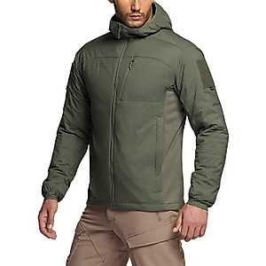 CQR Men's Insulated Hooded Tactical Jacket, Lightweight Mid-Layer Warm Hoodie, Water Resistant Full Zip Hiking Work Coat, Lightweight Olive, Large