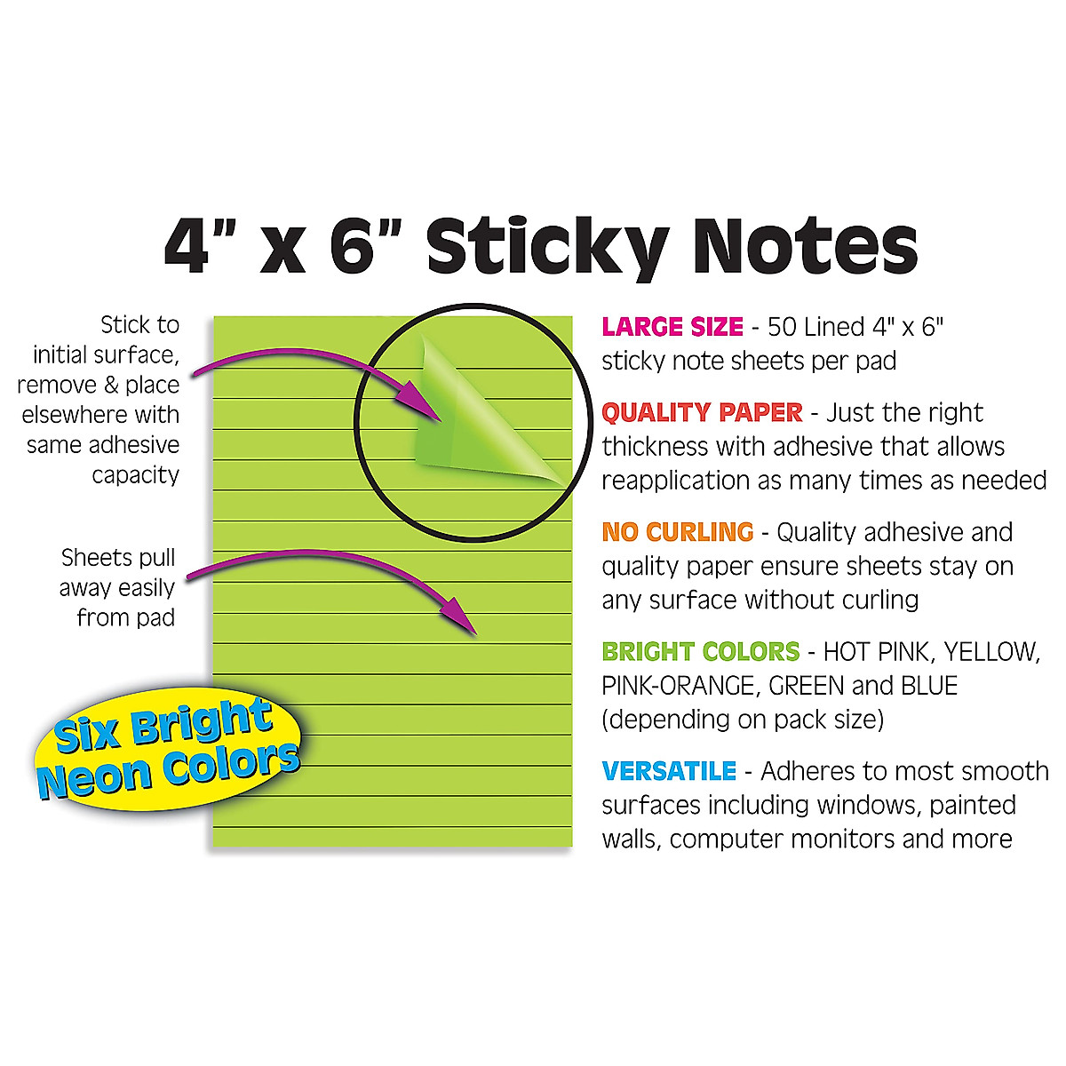 Lined Sticky Notes, 4 x 6, 10 Pack, 500 Sheets (50/Pad), Self Stick Notes with Lines, 6 Bright Assorted Colors, by Better Office Products, Post Memos, Strong Adhesive, 10 Pads