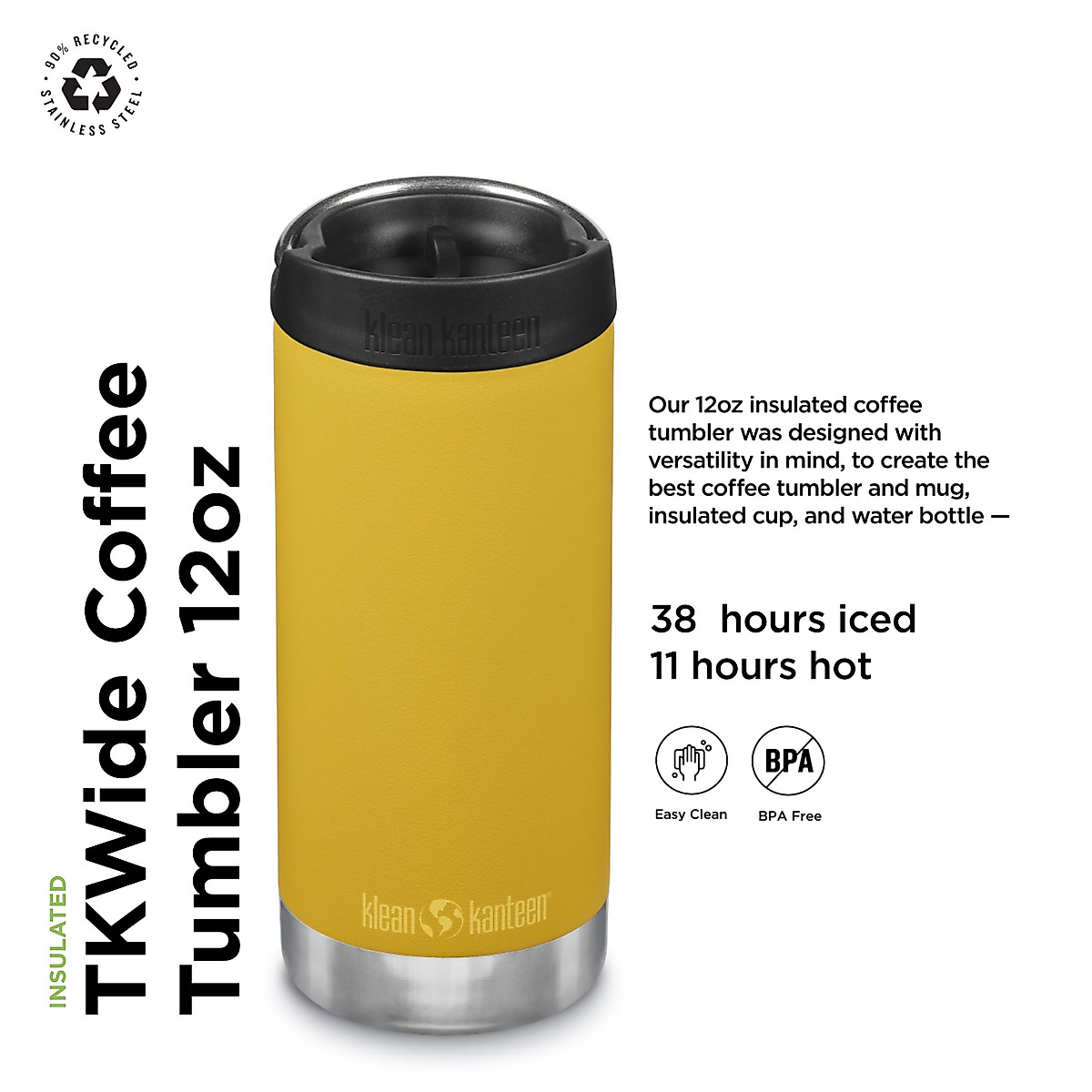 Klean Kanteen TKWide Insulated Coffee Tumbler with Caf Cap - Stainless Steel Coffee Tumbler - 12 oz, Marigold