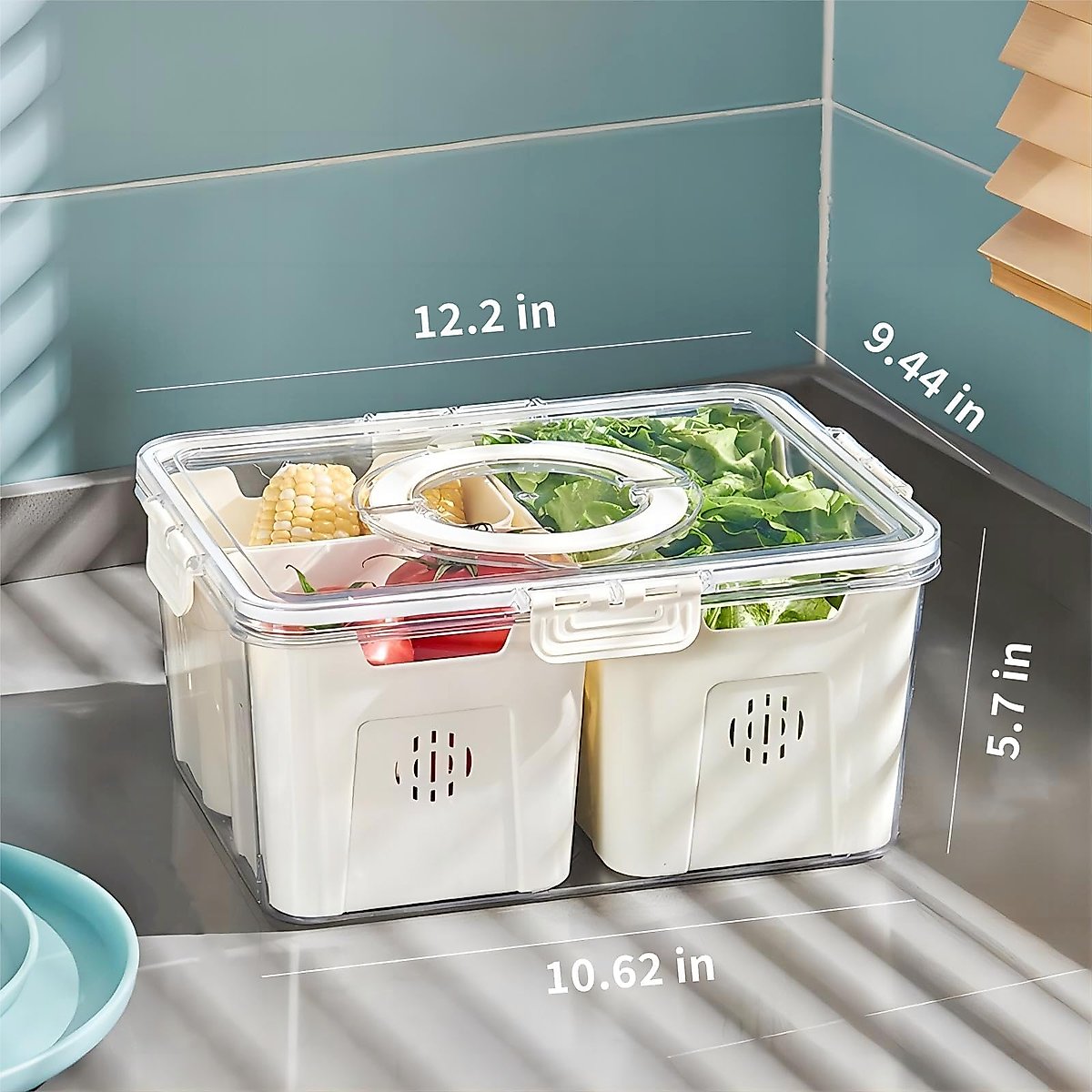 Fruit Containers for Fridge，Fresh Food Containers for Refrigerator，Fruit Containers for Fridge Keep Fresh，Food Box Container with 3 Removable Colanders for Berry，Vegetable, Refrigerator Organizer Bins