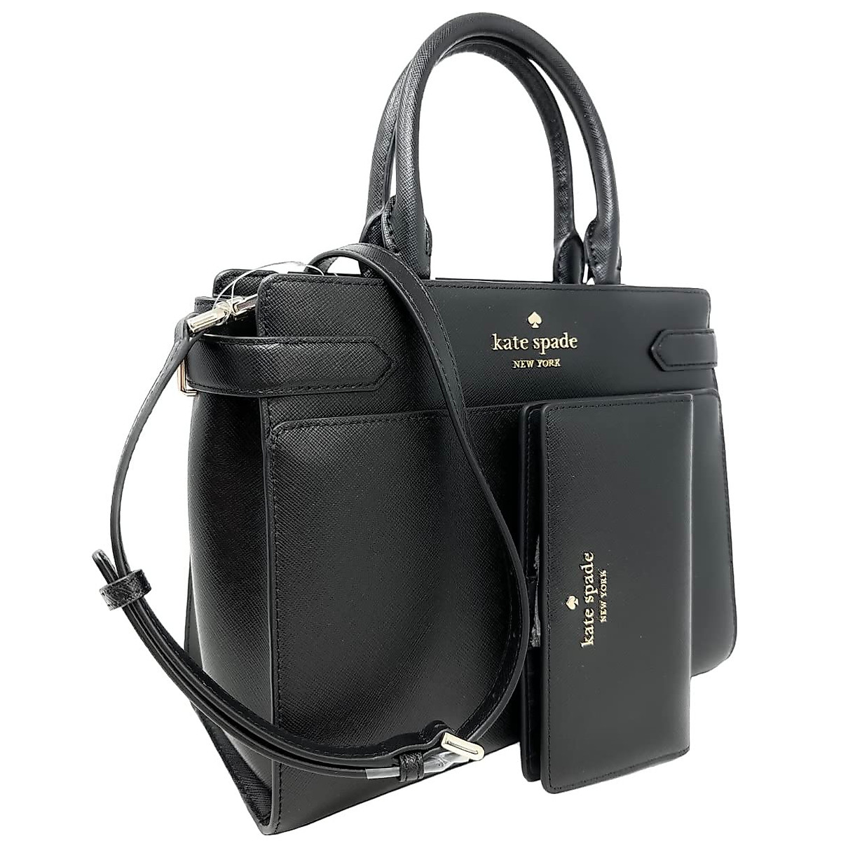 Kate Spade New York Staci Medium Saffiano Leather Satchel Purse With Matching Lg Slim Bifold Wallet (Black)