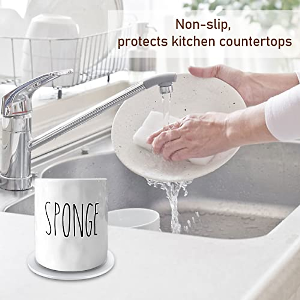 ASAMKING Sponge Holder Caddy, White Sponge Holder for Kitchen Sink,Farmhouse Sink Sponge Holder, Ceramic Porcelain Cup for Sponges,Sponge Warm Home ，Milky White.